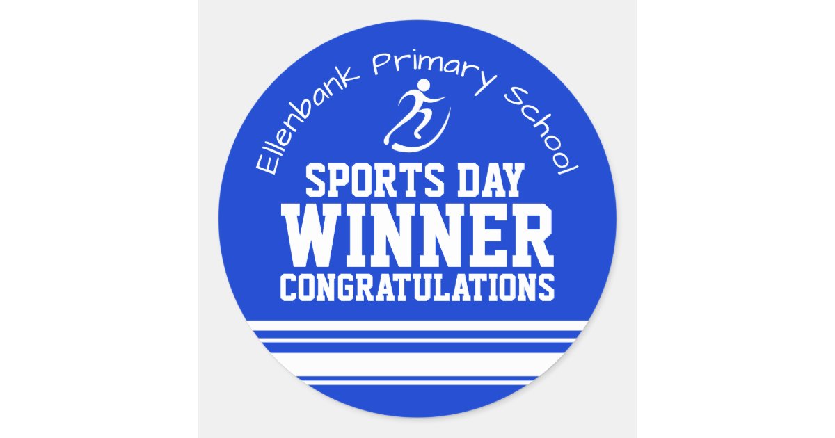 Sports day winner congratulations blue award classic round sticker | Zazzle