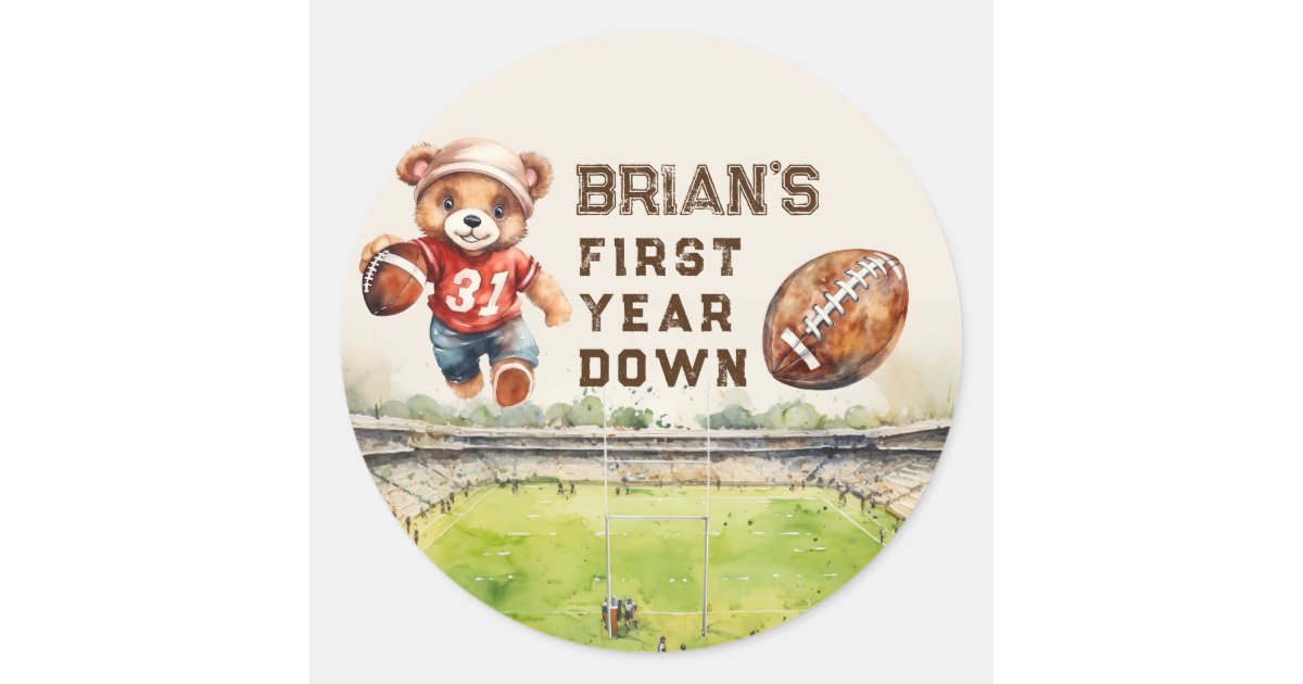 sports football first year down boy 1st birthday classic round sticker ...