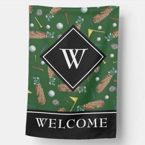 Sports Green Golf Equipment Monogram Welcome House Flag | Zazzle