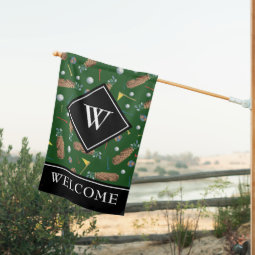 Sports Green Golf Equipment Monogram Welcome House Flag | Zazzle