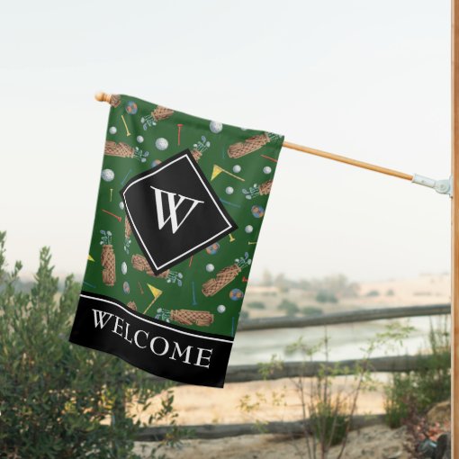 Sports Green Golf Equipment Monogram Welcome House Flag | Zazzle