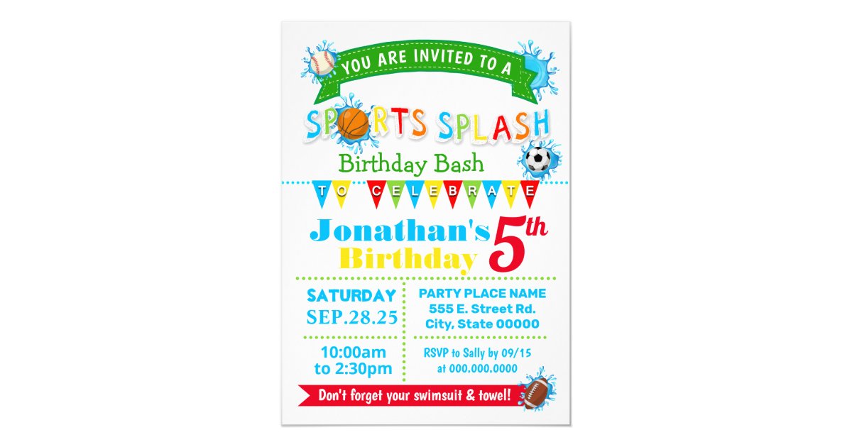 Sports splash birthday summer water party invitation | Zazzle.com