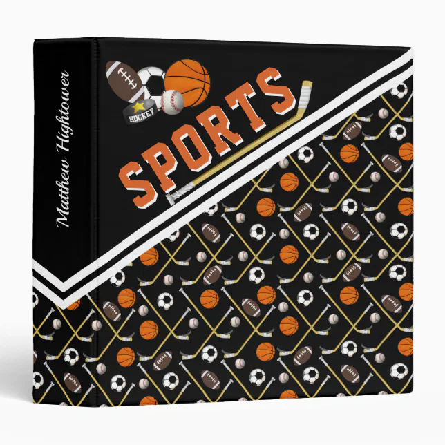 Sports Theme Black Pattern Name 3 Ring Binder | Zazzle