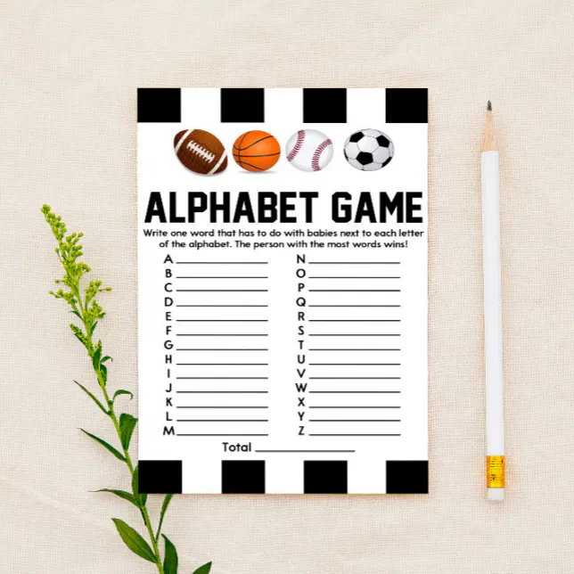 Sports Themed Alphabet Baby Shower Game Stationery | Zazzle