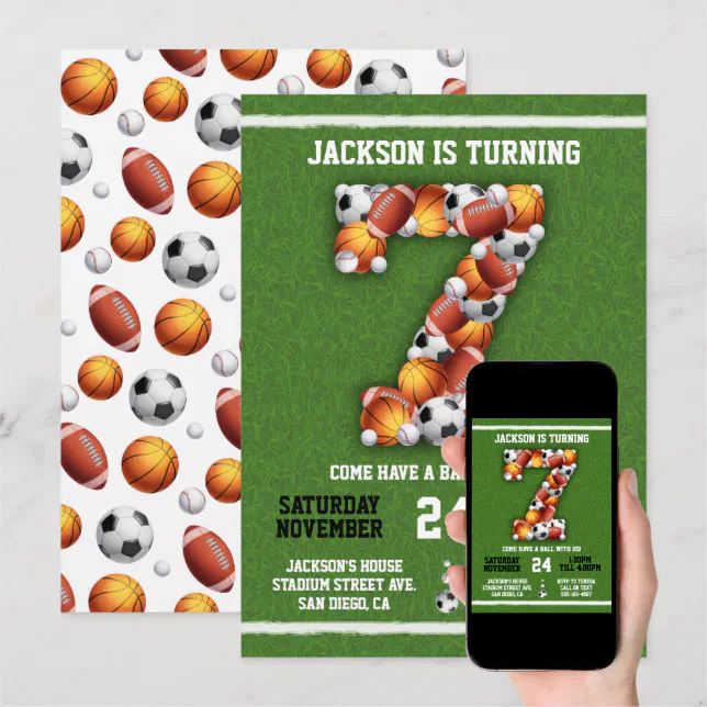 Sports Themed Balls 7th Birthday Party Invitation | Zazzle