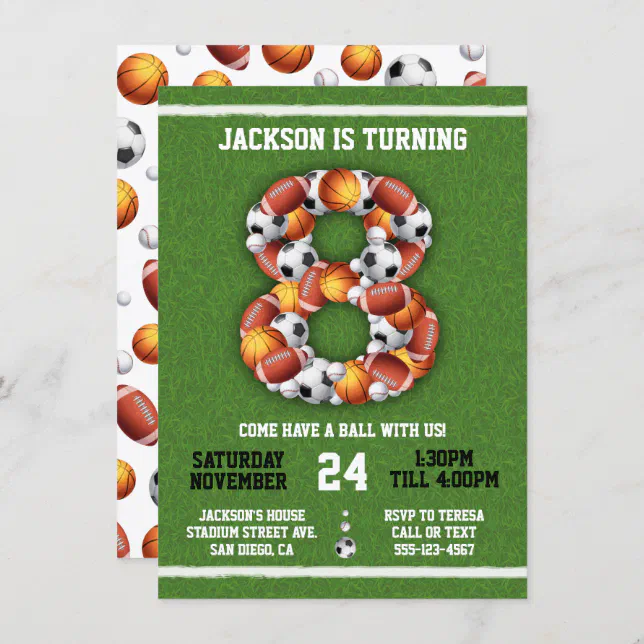 Sports Themed Balls 8th Birthday Party Invitation | Zazzle