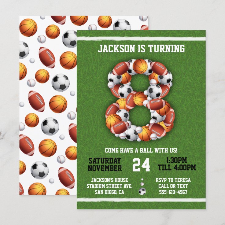 Sports Themed Balls 8th Birthday Party Invitation | Zazzle