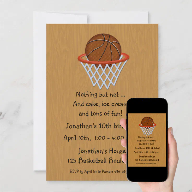 Sports Themed Basketball Net Ball Birthday Invitation | Zazzle