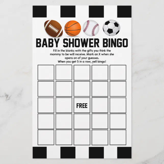 Sports Themed Bingo Baby Shower Game Stationery | Zazzle