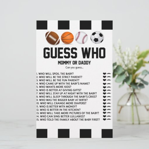 Sports Themed Guess Who! Baby Shower Game Statione Stationery | Zazzle