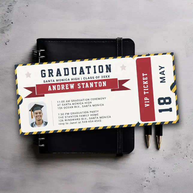 Sports Ticket Blue Red Photo Graduation Invitation | Zazzle