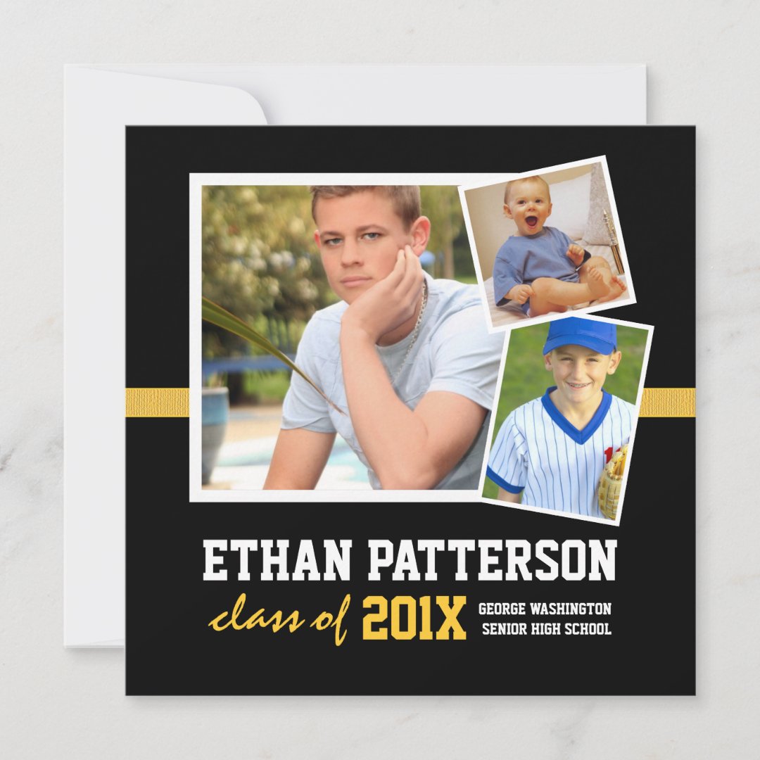 Sporty 3 Photo Graduation Announcement Black Gold | Zazzle