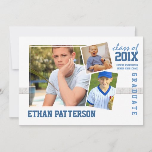 Sporty 3 Photo Graduation Announcement White Blue | Zazzle