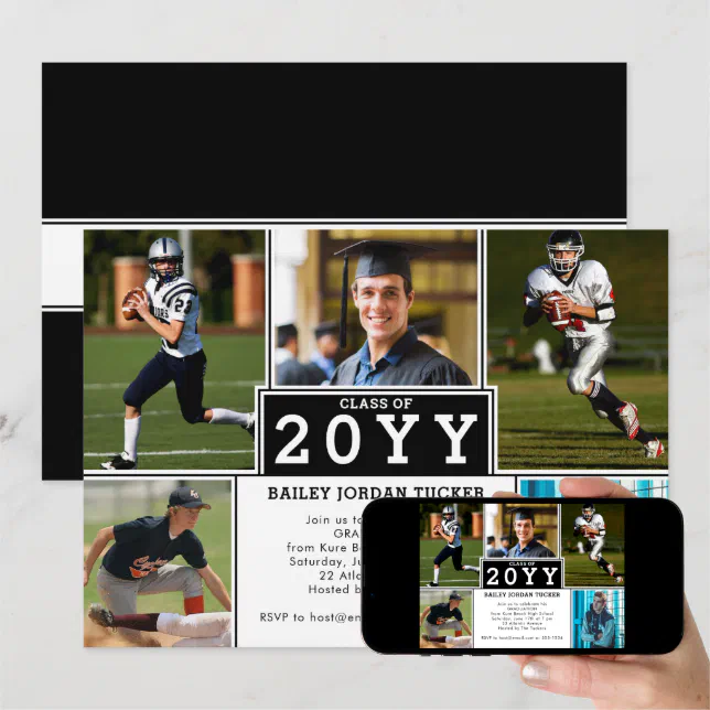 Sporty 5-Photo Black White Graduation Invitation | Zazzle