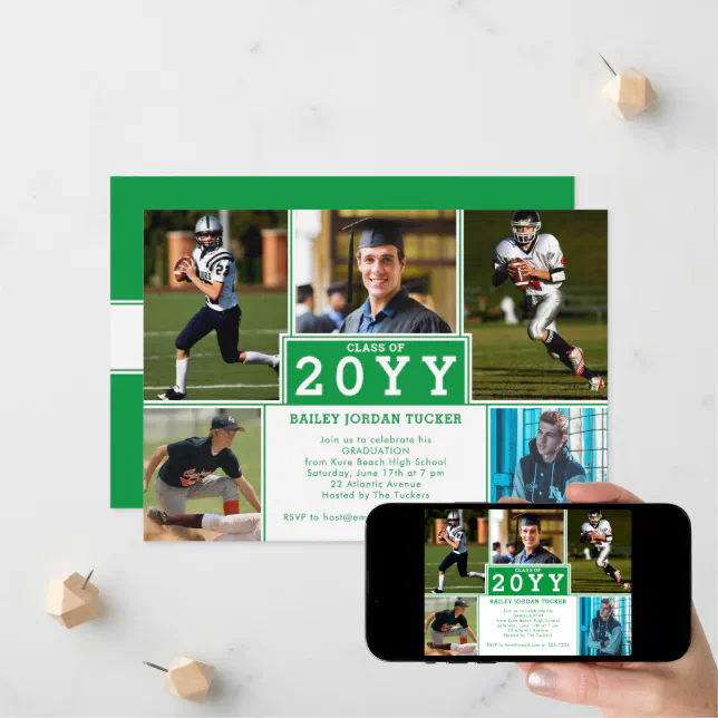 Sporty 5-Photo Green White Graduation Invitation | Zazzle