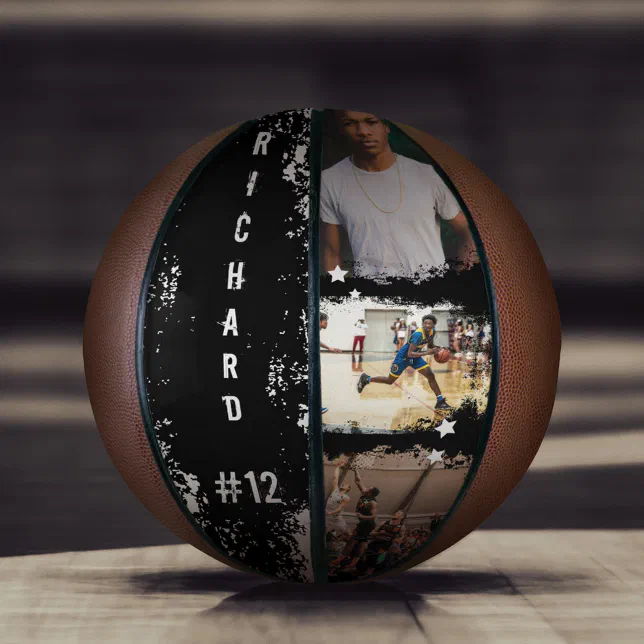 Sporty Custom Player Name & Number 3 Photo Collage Basketball | Zazzle