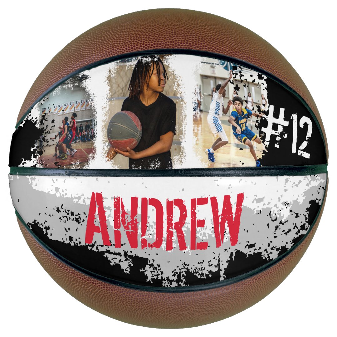 Sporty Custom Player Name & Number 3 Photo Collage Basketball | Zazzle