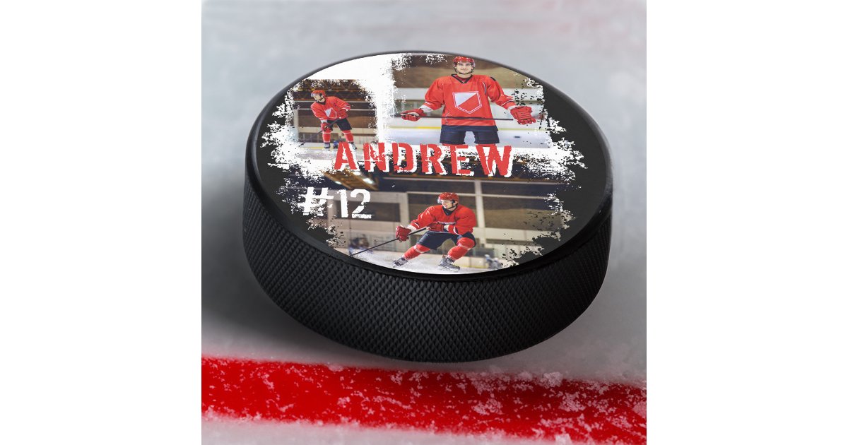 Sporty Custom Player Name & Number 3 Photo Collage Hockey Puck | Zazzle