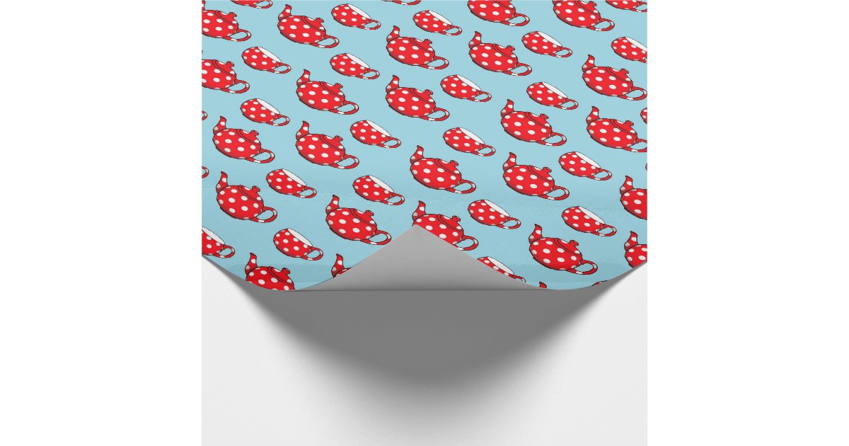 Spotty Red Teapot and Cups Blue Pattern Wrapping Paper | Zazzle