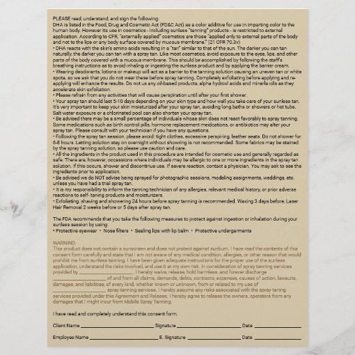 Spray Tan Liability Waiver Form Beige Flyer | Zazzle