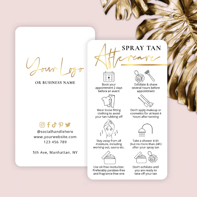 Spray Tanning Aftercare Guide White & Gold Business Card | Zazzle