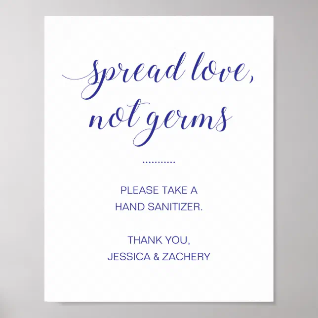 Spread Love Not Germs Blue Hand Sanitizer Wedding Poster | Zazzle