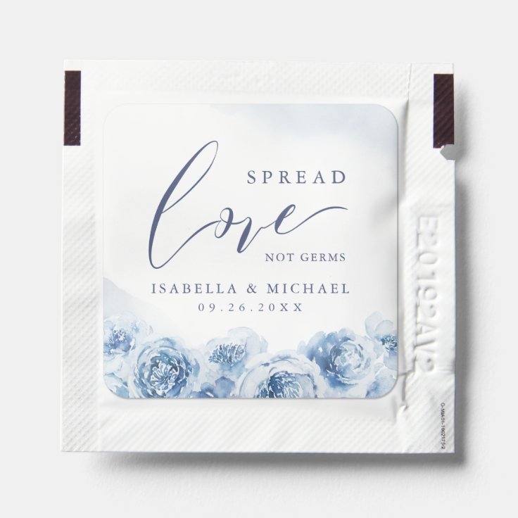 Spread Love not germs elegant blue floral wedding Hand Sanitizer Packet ...
