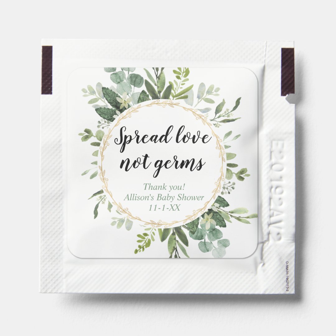 Spread love not germs greenery gold baby shower hand sanitizer packet ...