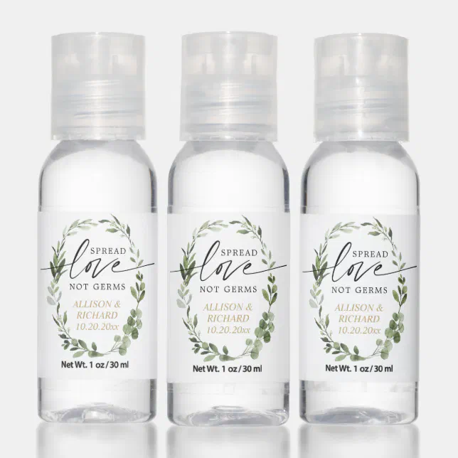 Spread love not germs greenery gold wedding favors hand sanitizer | Zazzle