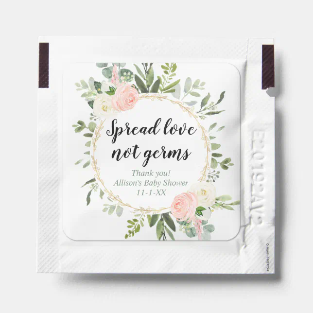 Spread love not germs pink gold green baby shower hand sanitizer packet ...