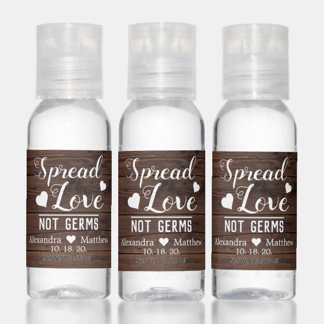 Spread Love Not Germs Rustic Wood Wedding Hand Sanitizer | Zazzle