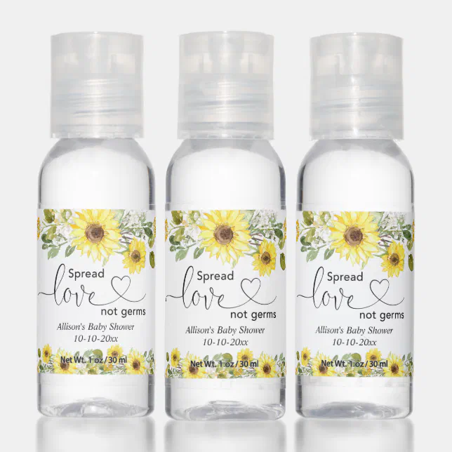 Spread love not germs sunflowers baby shower hand sanitizer | Zazzle