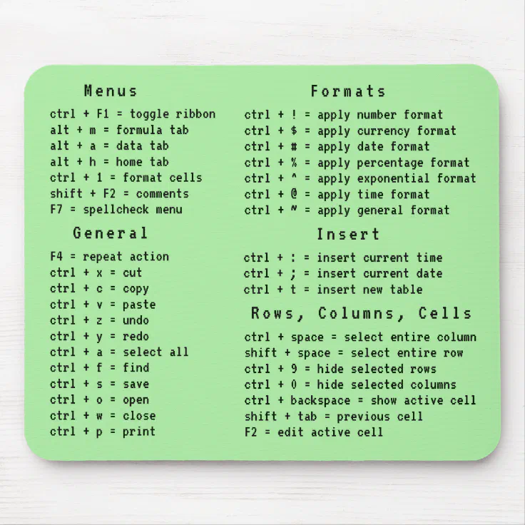 Spreadsheet Office Keyboard Shortcut Green Mouse Pad | Zazzle