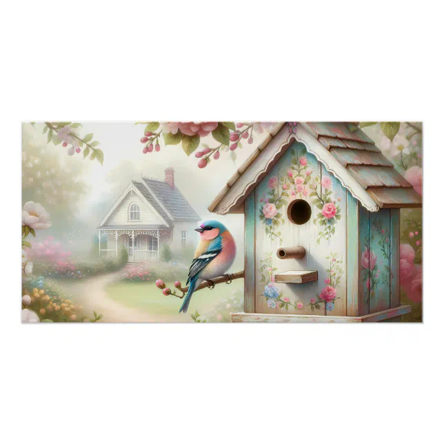Spring Birdhouse With Pastel Flowers And Bird Poster | Zazzle
