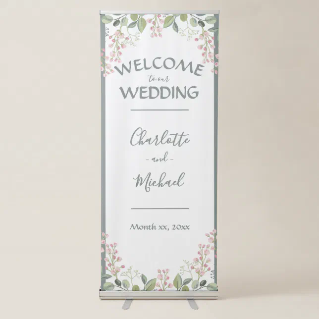 Spring Blossoms Pink Floral Mint Green Wedding Retractable Banner | Zazzle