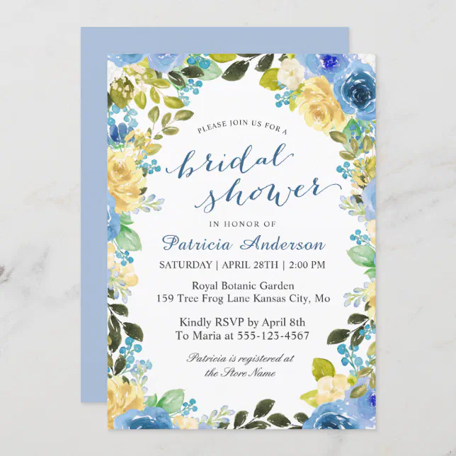 Spring Blue Yellow Floral Romantic Bridal Show Invitation | Zazzle