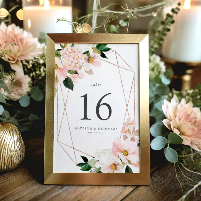 Spring Blush Floral Geometric Frame Wedding Table Number | Zazzle
