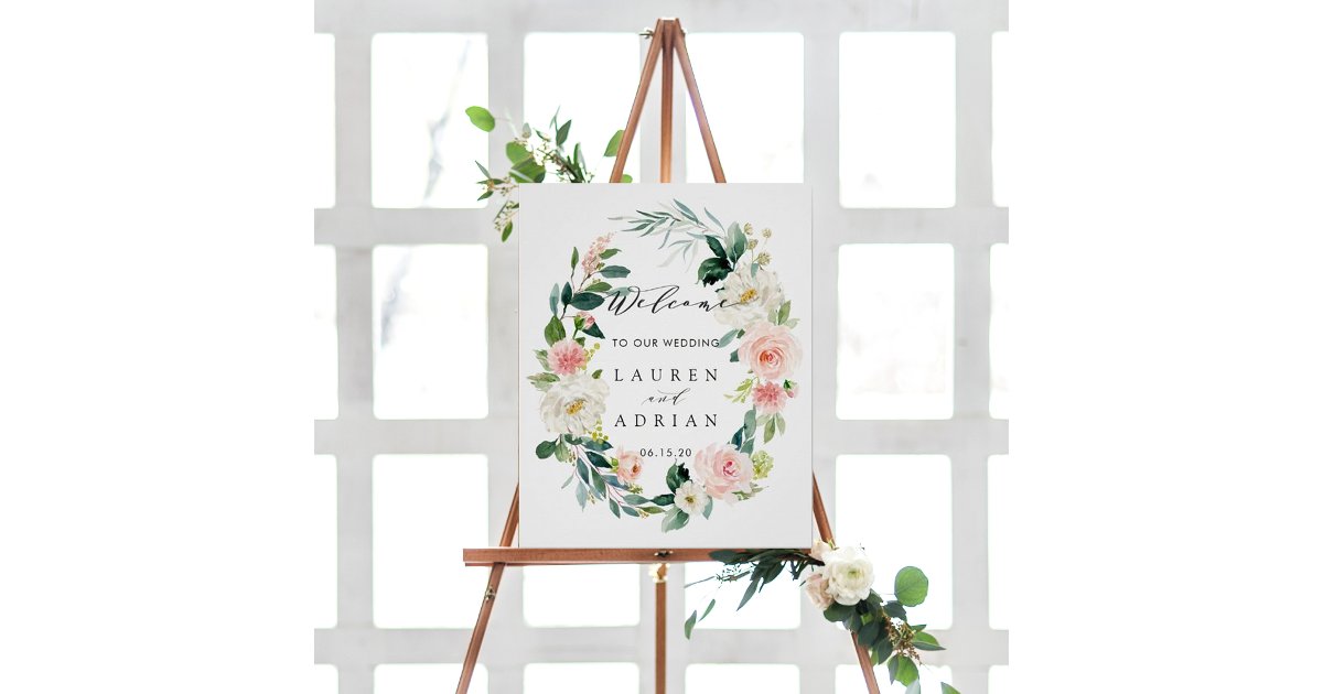 Spring Blush Floral Wreath Wedding Welcome Sign | Zazzle
