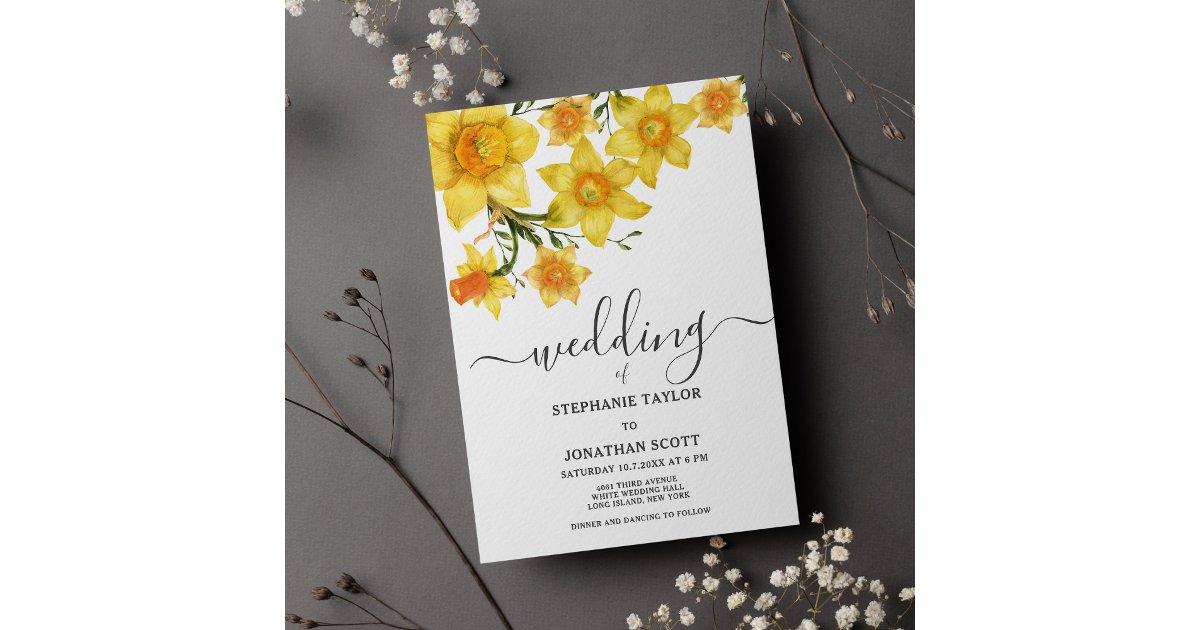 Spring bouquet golden daffodils flowers wedding invitation | Zazzle