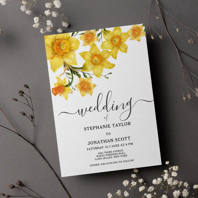 Spring bouquet golden daffodils flowers wedding invitation | Zazzle