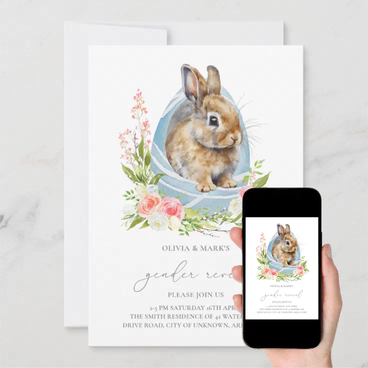 Spring Bunny Rabbit in Egg Floral Gender Reveal Invitation | Zazzle