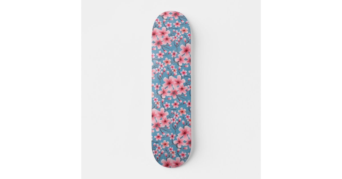 Spring Cherry Blossoms blue Skateboard | Zazzle