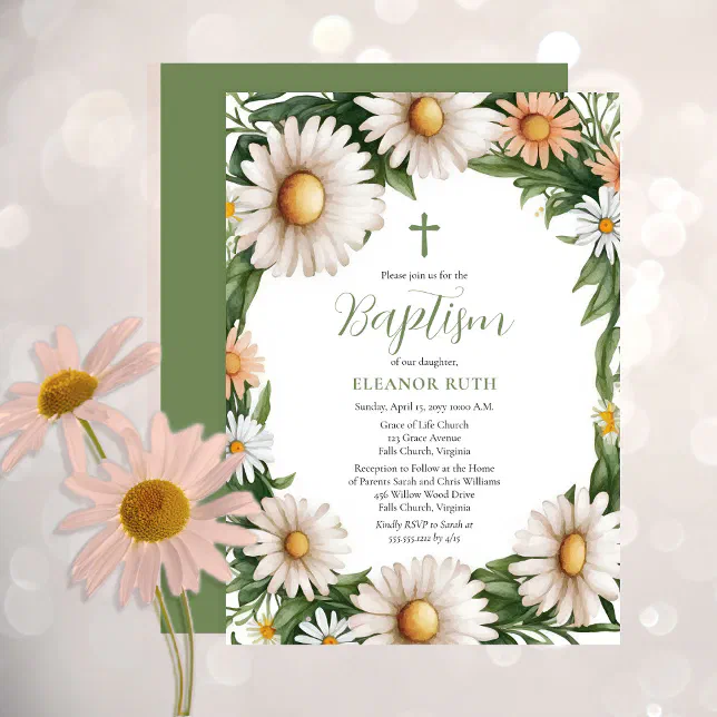 Spring Daisy Blooms Girl Floral Baptism Invitation | Zazzle
