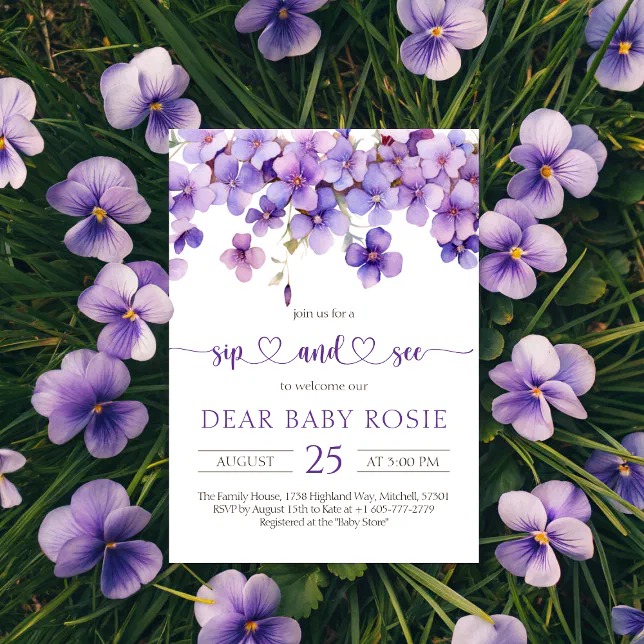 Spring Delicate Violet Flowers Baby Sip and See Invitation | Zazzle