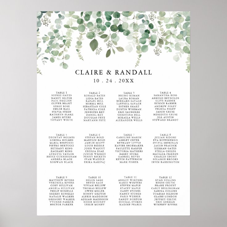 Spring Eucalyptus Greenery Wedding Seating Chart | Zazzle