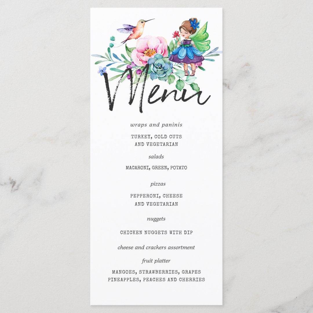 Spring Fairy Birthday Party Menu Template | Zazzle