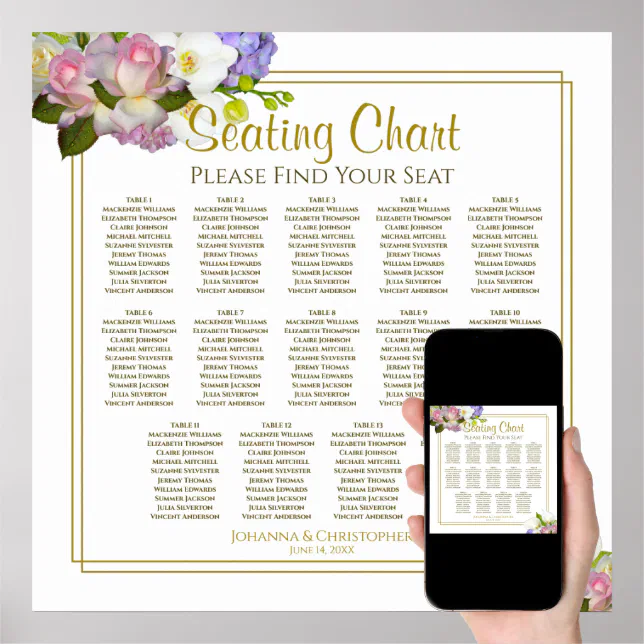 Spring Floral 14 Table Gold Wedding Seating Chart | Zazzle