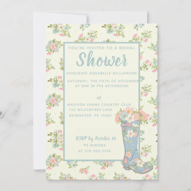 Spring Floral Blue Rain Boot Wedding Shower Invitation | Zazzle