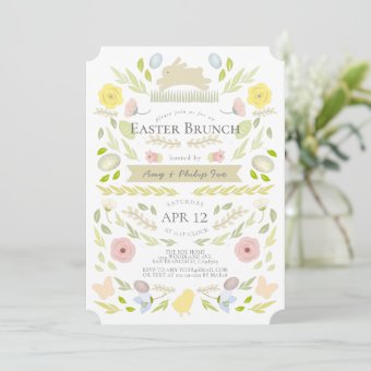 Spring Floral Bunny Foliage Green Easter Brunch Invitation | Zazzle