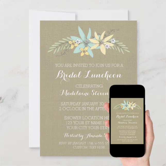 Spring Floral Burlap Bridal Lunch Invitations | Zazzle